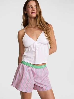 Pink Cotton Boxy Boyfriend Pajama Shorts With Polka Dot - Print