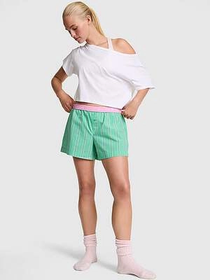Pink Cotton Boxy Boyfriend Pajama Shorts With Polka Dot - Print