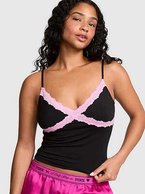 Pink Modal Lace-trim Cami - Black