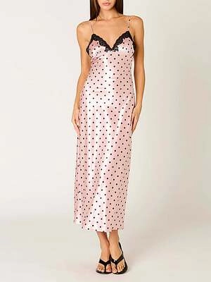 Victoria's Secret Nia Jasmine Slip Dress With Polka Dot Print And Lace Trim - Pink