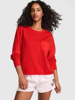 Pink Campus Cotton Long-sleeve Pocket Tee - Red