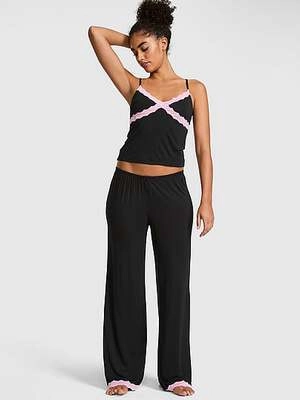 Pink Modal Lace-trim Cami & Pants Pajama Set - Black