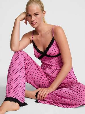 Pink Modal Lace-trim Cami & Pants Pajama Set Print