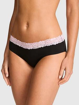 Pink Cotton Lace-trim Hiphugger Panty - Black