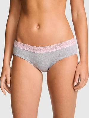 Pink Cotton Lace-trim Hiphugger Panty - Grey