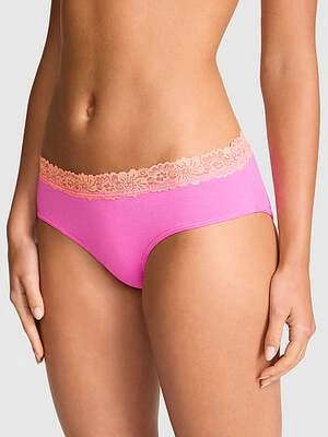 Pink Cotton Lace-trim Hiphugger Panty - Pink