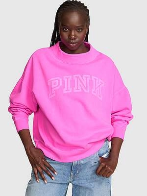 Pink Oversized Mock Neck Fleece Sweatshirt - Pink