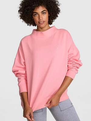 Pink Oversized Mock Neck Fleece Sweatshirt - Pink