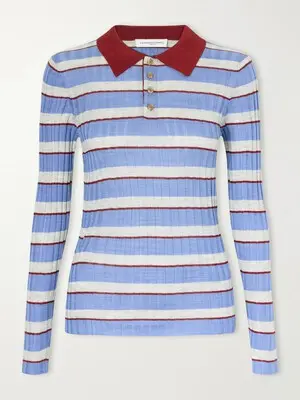 Brandon Maxwell The Joni Striped Silk And Cashmere-blend Polo Sweater - Blue