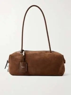 Max Mara Logo-debossed Leather-trimmed Suede Shoulder Bag - Brown