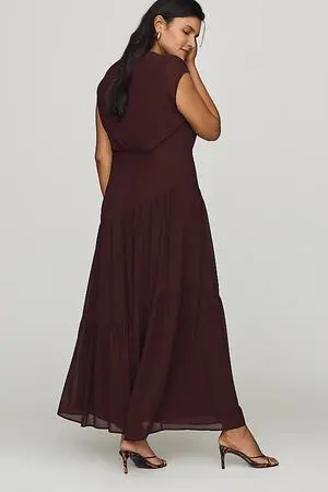 Anthropologie Cap-sleeve Tiered Maxi Dress - Burgundy