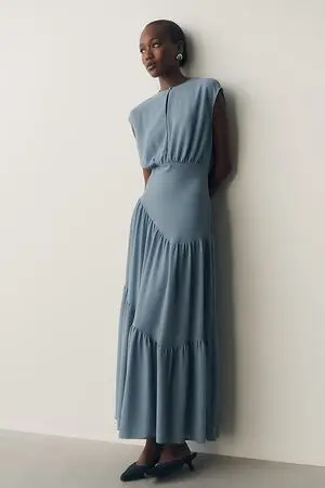 Anthropologie Waisted Cap-sleeve Dress - Light Blue
