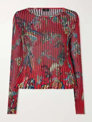 Etro Floral-print Open-knit Ribbed Blouse