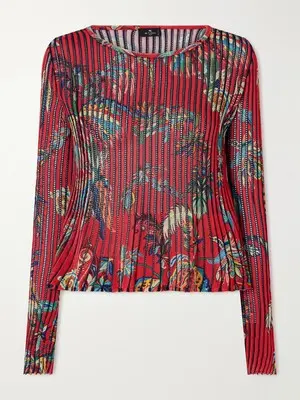 Etro Floral-print Open-knit Ribbed Blouse