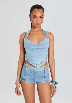 Retrofete Amelisse Denim Halter Top With Cowl Neckline