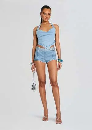 Retrofete Amelisse Denim Halter Top With Cowl Neckline