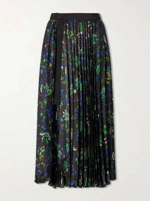 Sacai Belted Grosgrain-trimmed Pleated Floral-print Georgette Midi Skirt - Black