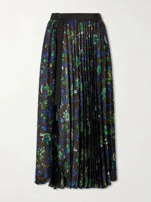 Sacai Belted Floral-print Pleated Georgette Midi Skirt - Black