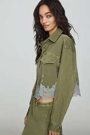 Anthropologie Cotton Lace-hem Buttondown Shirt - Green