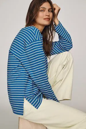 Maeve Greer Cotton Relaxed Long-sleeve Top Blue Stripe