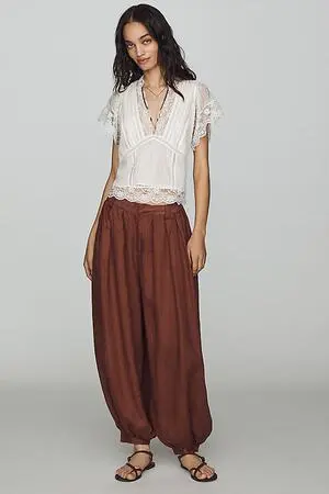 Anthropologie Mixed Lace Top With Scalloped V-neckline And Flutter Sleeves