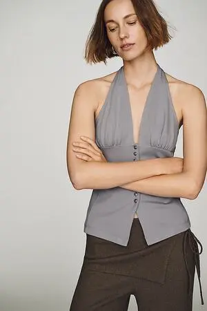 Maeve Plunge Halter Top - Grey
