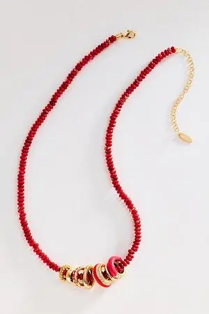 Anthropologie Linked Ring Beaded Necklace - Coral