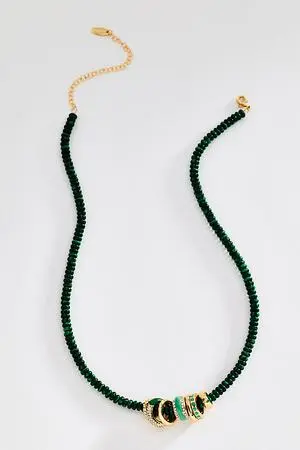 Anthropologie Linked Ring Beaded Necklace - Green
