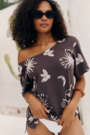 CELANDINE Cotton One-shoulder Tee - Black Pattern