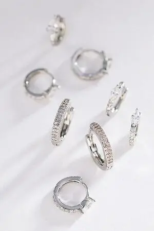 Anthropologie Crystal Huggie Hoop Earrgs, Set Of 4 - Silver