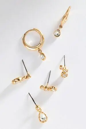 Anthropologie Crystal Post And Hoop Earrgs, Set Of 3 - Gold