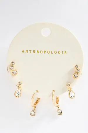 Anthropologie Crystal Drop, Pavé Stud, And Hoop Earring Set - Gold