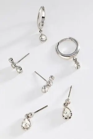 Anthropologie Crystal Post And Hoop Earrgs, Set Of 3 - Silver