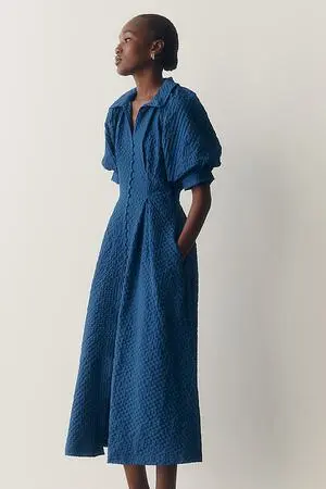 English Factory Puff Sleeve Textured Midi Shirtdress - Blue