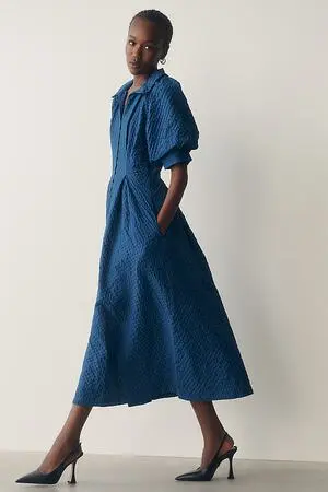 English Factory Puff Sleeve Textured Midi Shirtdress - Blue