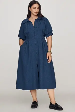 English Factory Puff Sleeve Textured Midi Shirtdress - Blue