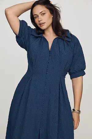 English Factory Puff Sleeve Textured Midi Shirtdress - Blue