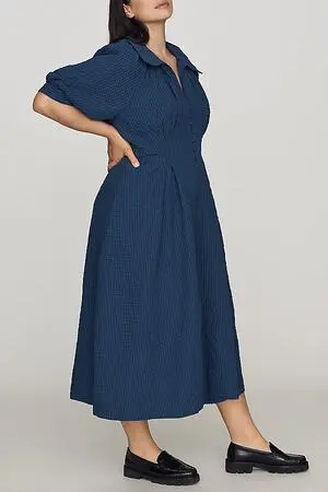 English Factory Puff Sleeve Textured Midi Shirtdress - Blue