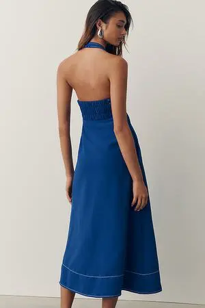 English Factory Halterneck Midi Dress With Pockets - Blue