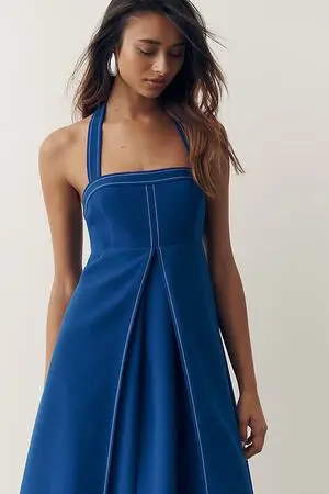 English Factory Halterneck Midi Dress With Pockets - Blue