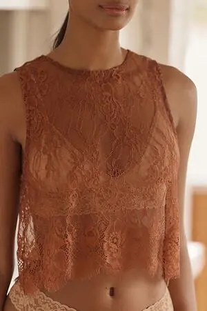 LYREBIRD Sheer Lace Cropped Tank Top - Cognac