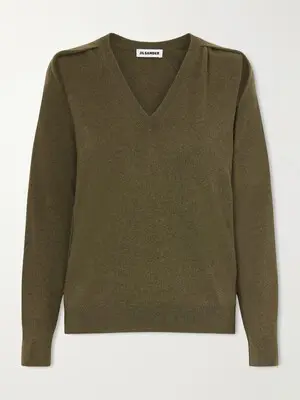 JIL SANDER Cashmere V-neck Cut-out Sweater - Green