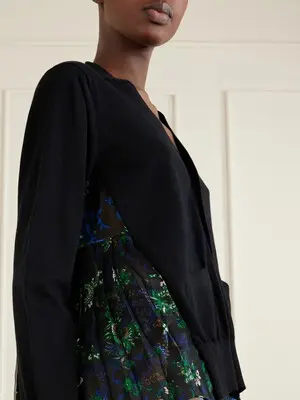 Sacai Layered Floral-print Cotton Cardigan With Mesh Trim