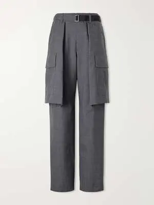 Sacai Pleated Belted Twill Wide-leg Pants - Gray