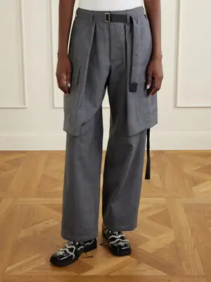 Sacai Pleated Belted Wide-leg Cargo Pants - Gray