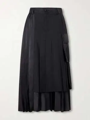Sacai Pleated Twill And Shell Midi Skirt - Black