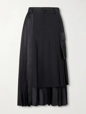 Sacai Pleated Twill And Shell Midi Skirt - Black