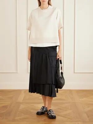 Sacai Pleated Twill And Shell Midi Skirt