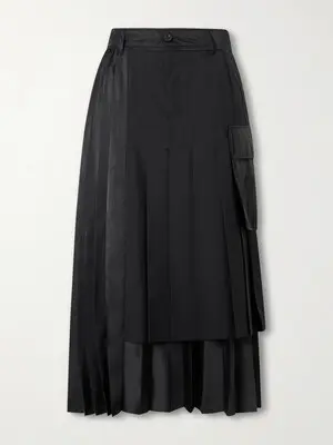 Sacai Pleated Twill And Shell Midi Skirt - Black