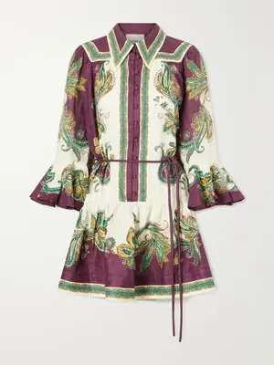 ALEMAIS Belted Ruffled Floral-print Linen Midi Dress - Multi